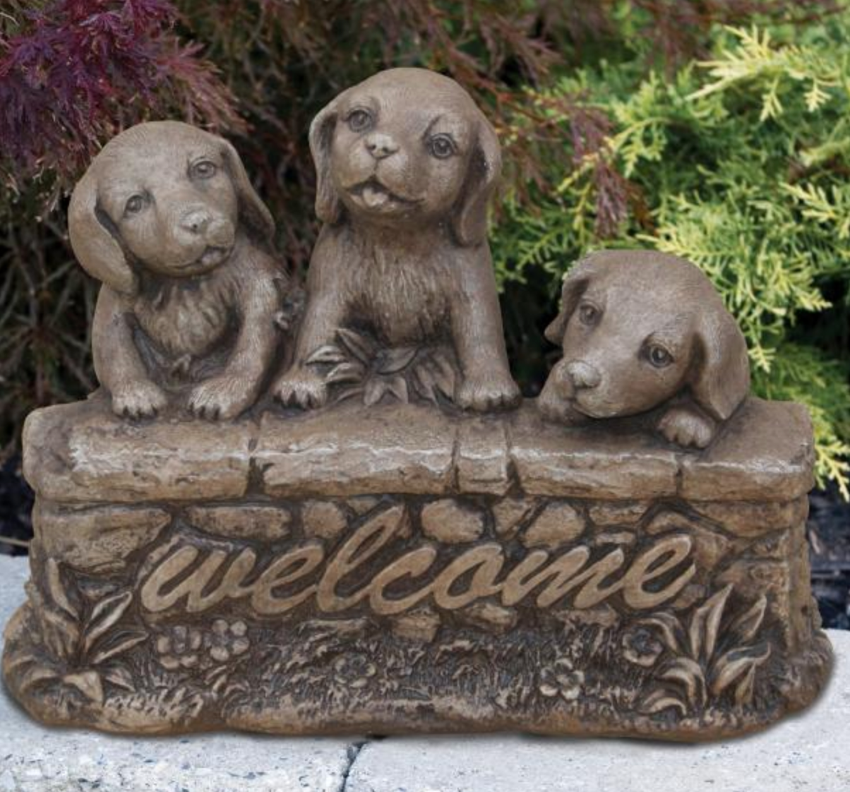 Three Welcome Puppies – Massarelli Lawn Ornaments